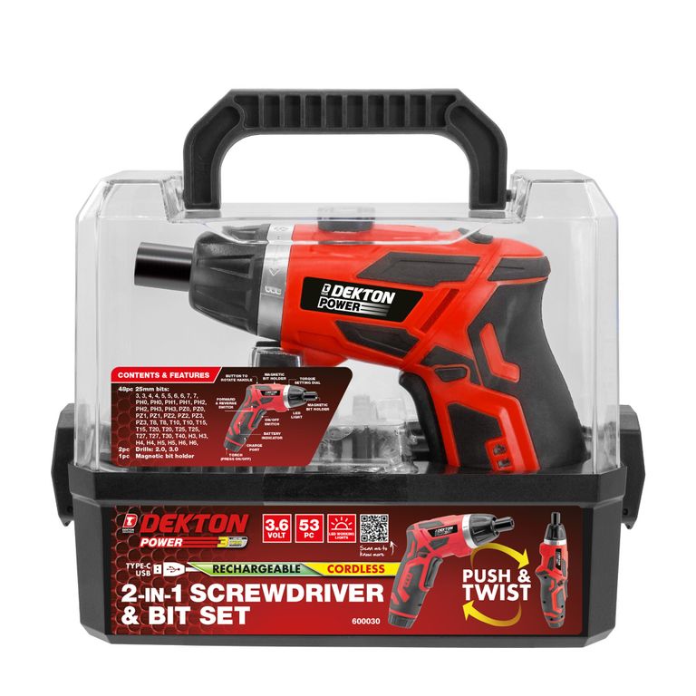 DEKTON 51PC 3.6V RECHARGEABLE CORDLESS 2-IN-1 SCREWDRIVER & BIT SET ...