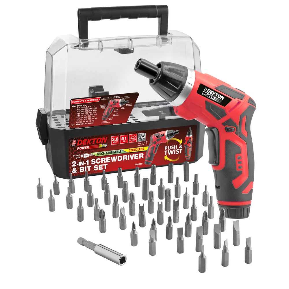 DEKTON 51PC 3.6V RECHARGEABLE CORDLESS 2-IN-1 SCREWDRIVER & BIT SET ...